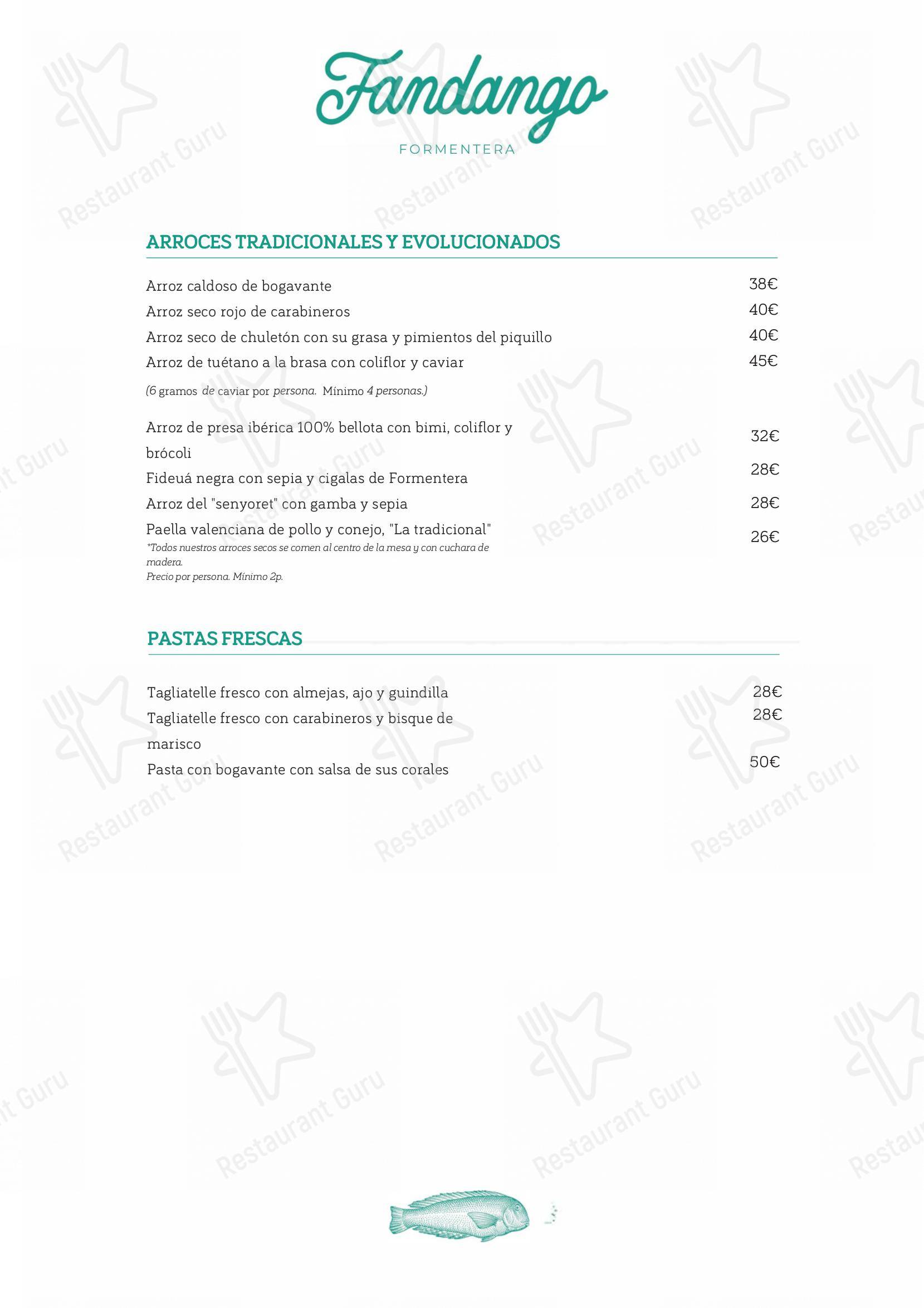 Carta del restaurante Fandango Formentera, Es Pujols