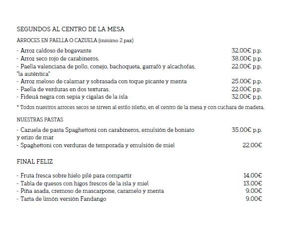 Carta del restaurante Fandango Formentera, Es Pujols