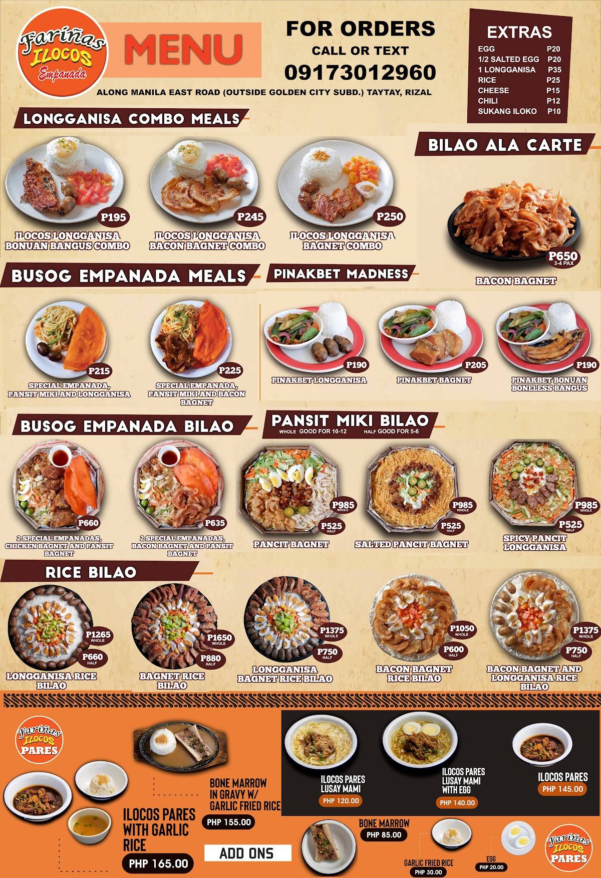 Menu at Farinas Ilocos Empanada Taytay restaurant, Taytay