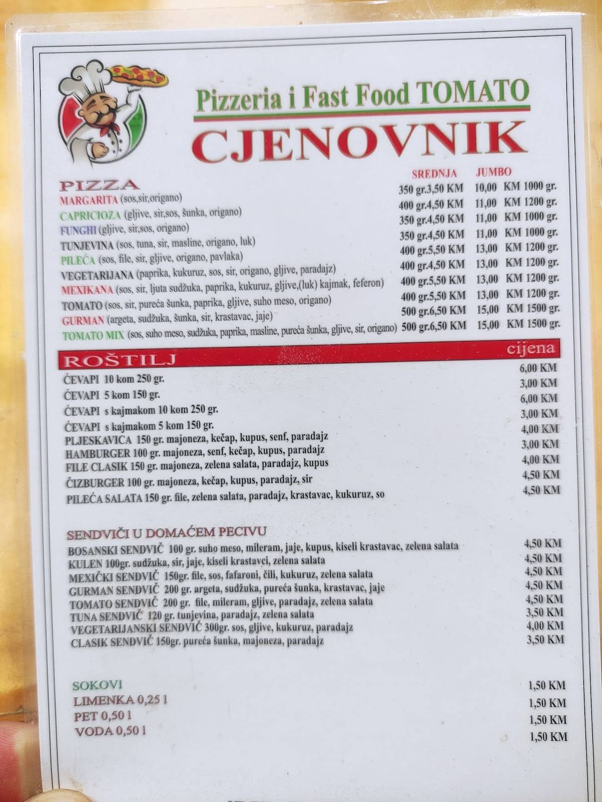 Menu at Fast Food Tomato, Sarajevo