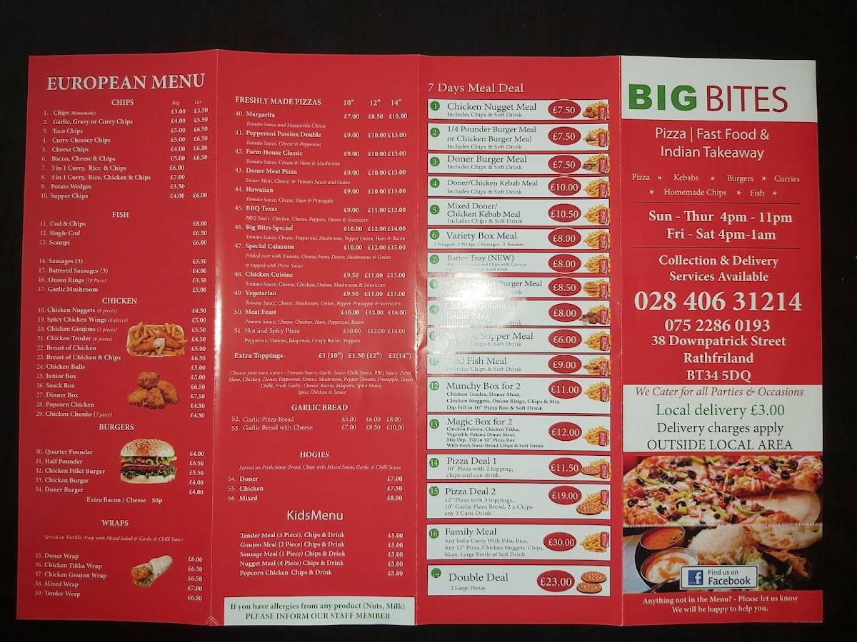 Menu at Big Bites fast food, Rathfriland