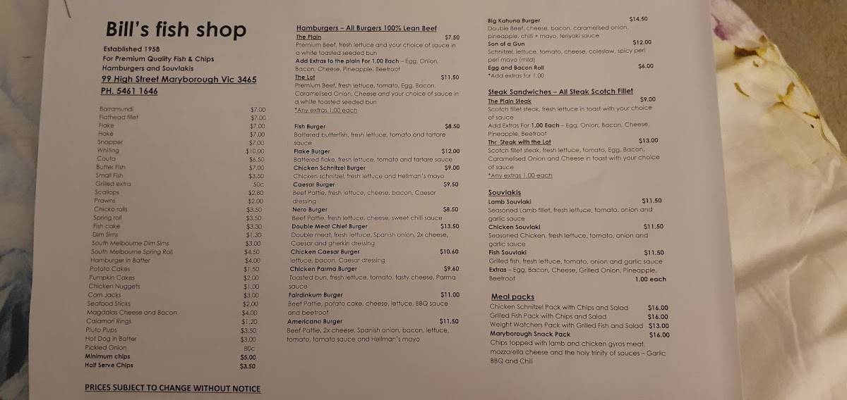 Menu at Bills Fish Shop fast food, Maryborough