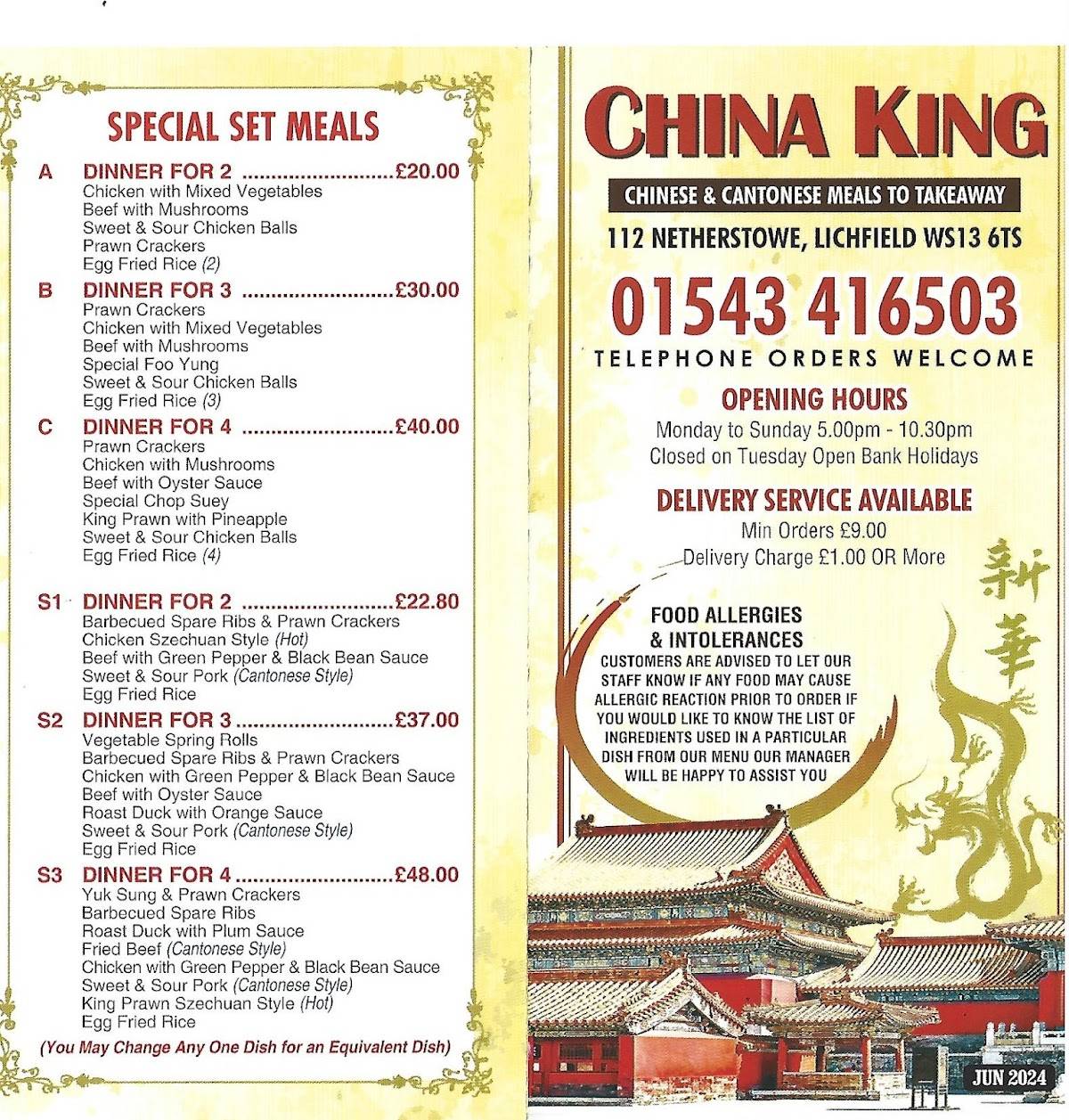 Menu at China King Chinese Takeaway fast food, Lichfield, 112 Netherstowe