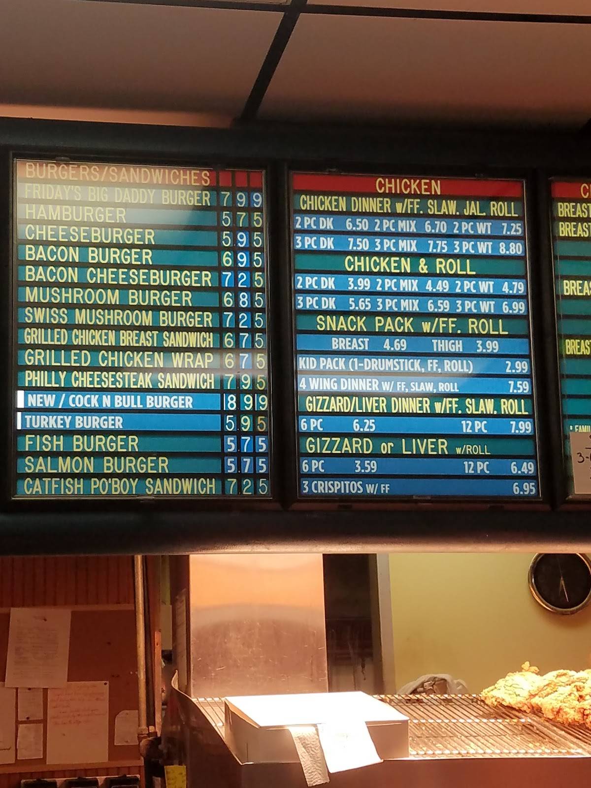 Menu at Friday's fast food, Shiner