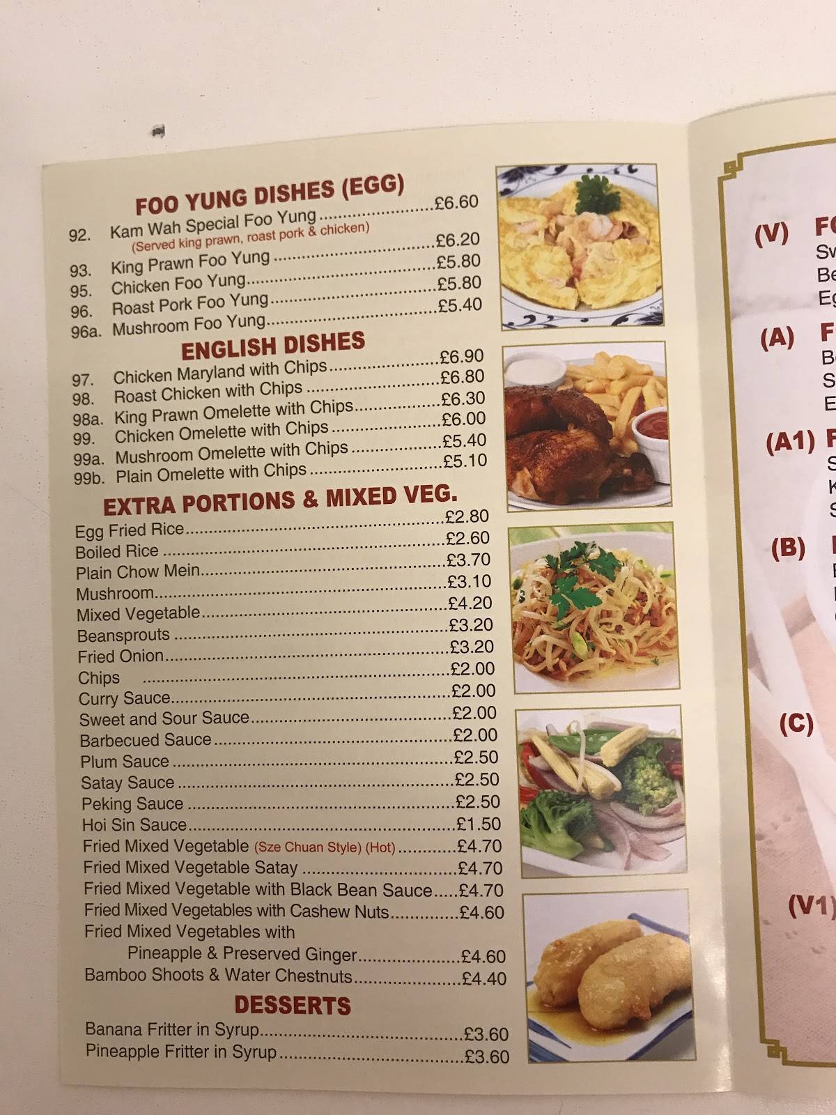 Menu at Kam Wah fast food, Newent