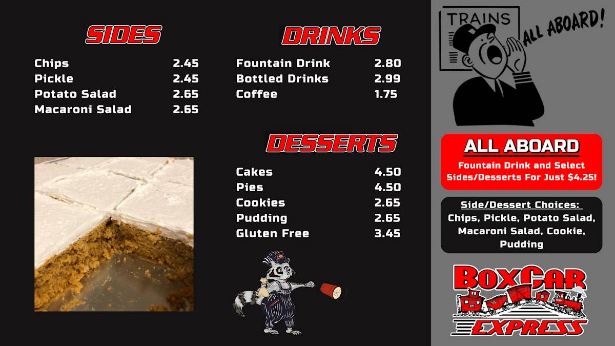 Menu at Lieber's Boxcar Express fast food, Galesburg
