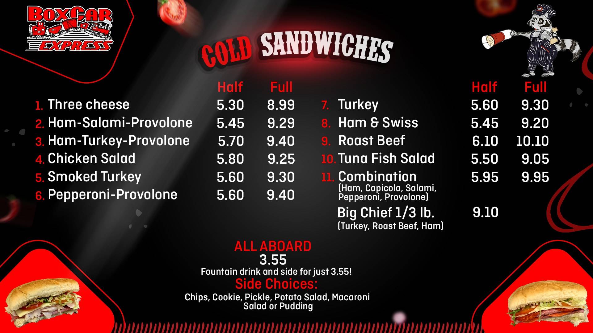 Menu at Lieber's Boxcar Express fast food, Galesburg