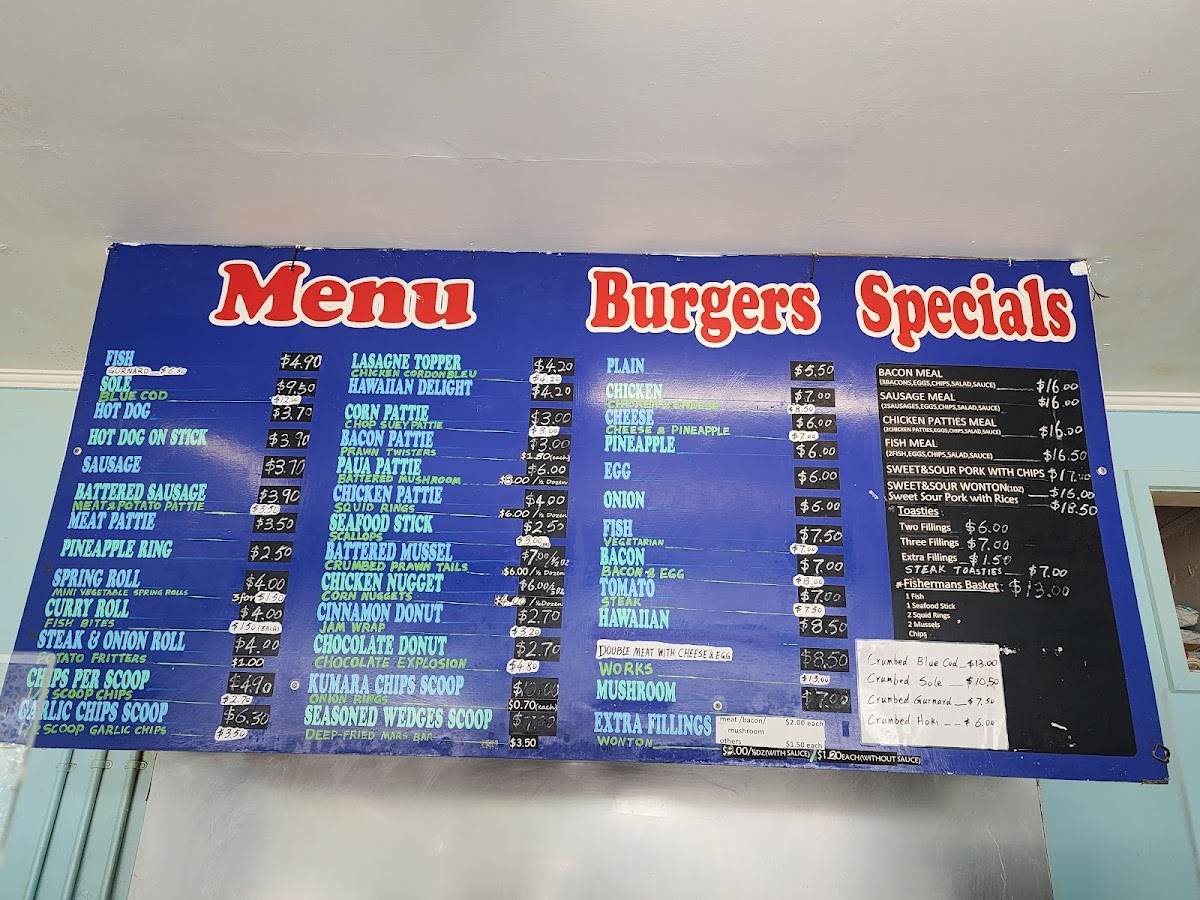 Menu at Marchwiel Takeaways fast food, Timaru
