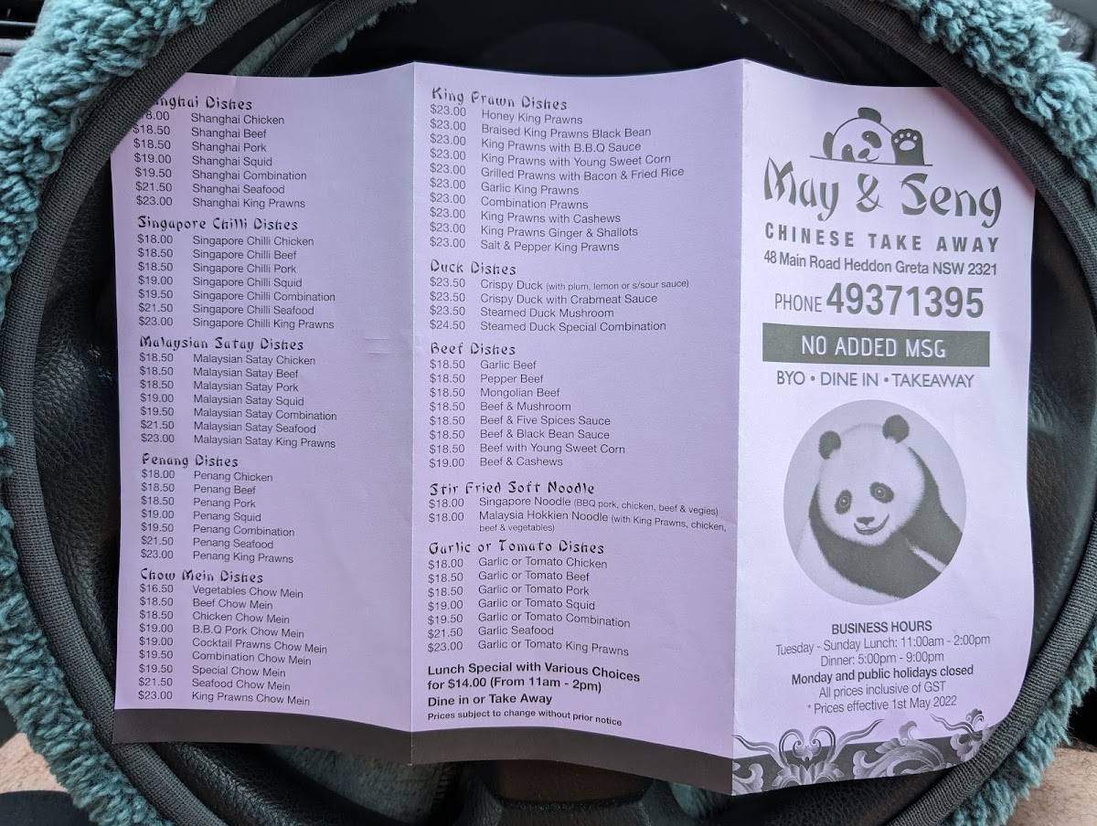 Menu at May & Seng Chinese Take Away fast food, Heddon Greta