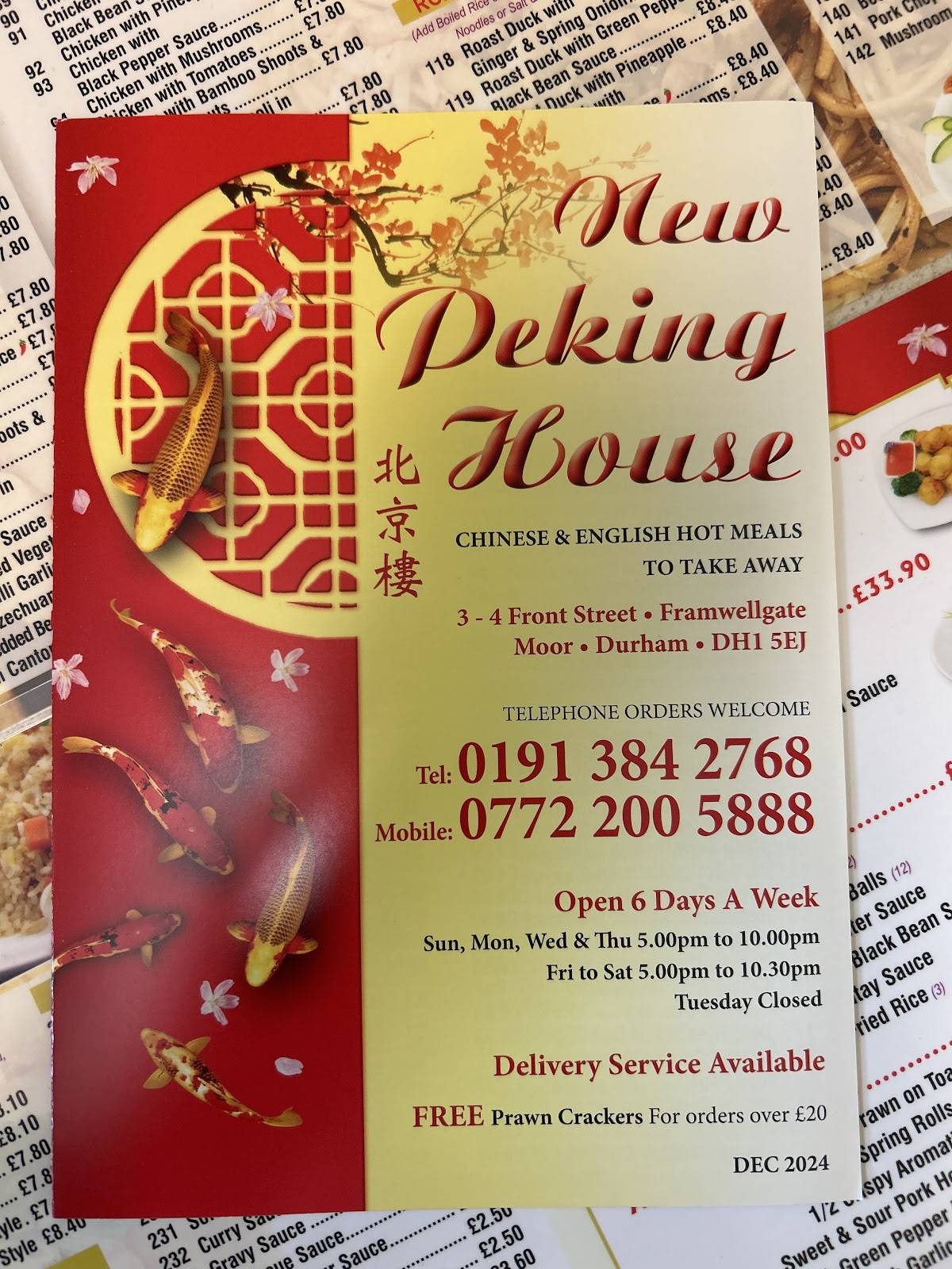 Menu at New Peking House fast food, Durham