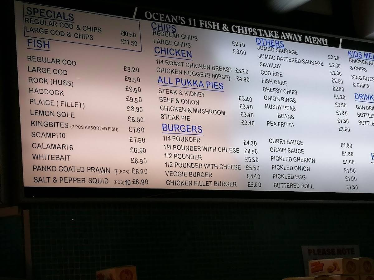 Menu at Ocean's 11 Fish & Chips fast food, Alton