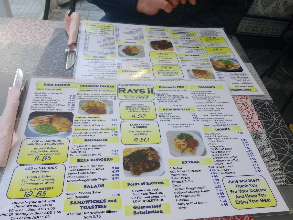 Menu at Rays II Chippy fast food, Benidorm