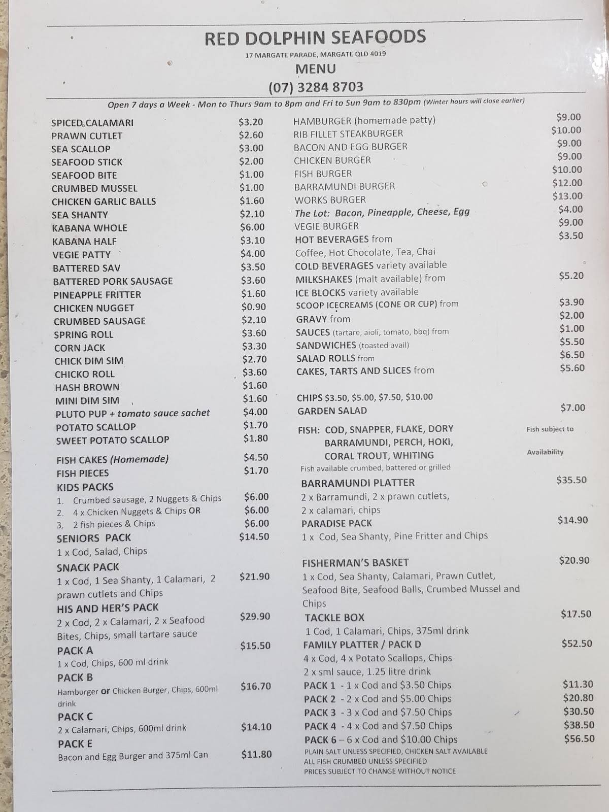 Menu at Red Dolphin Seafoods fast food, Margate