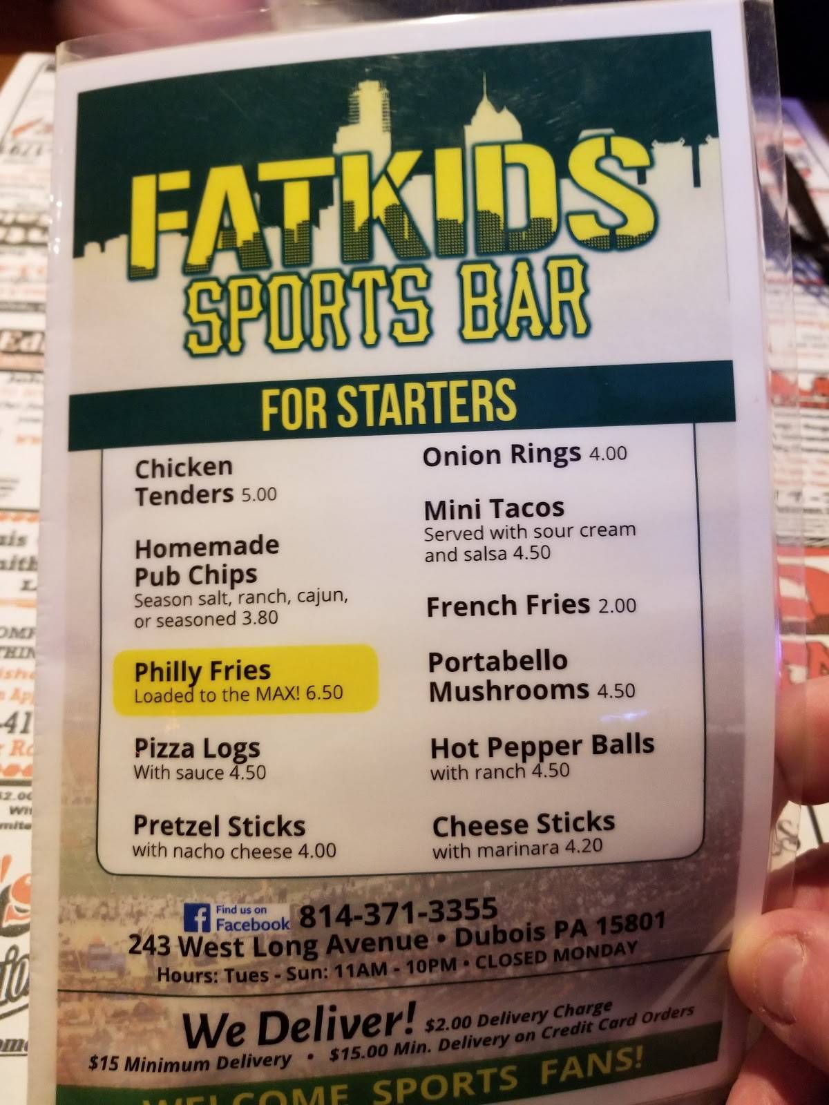 Menu at Fat Kid's Sports Bar, DuBois