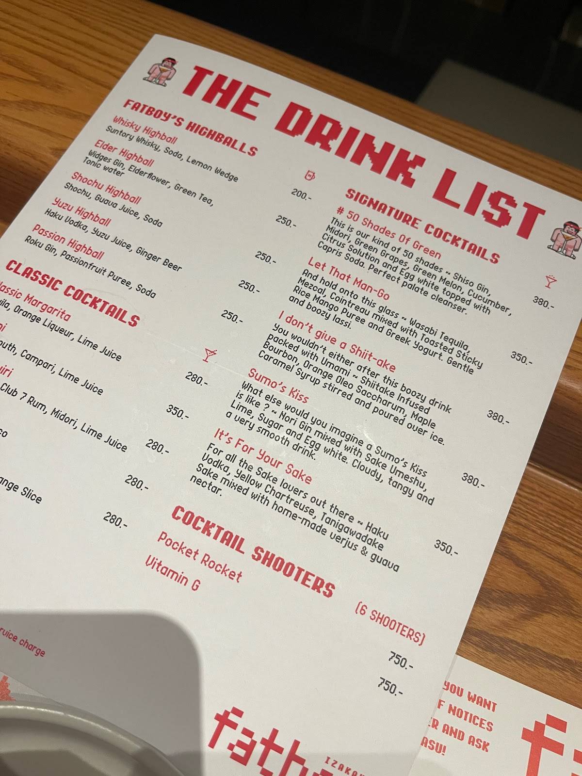 Menu at Fatboy Izakaya restaurant, Bangkok