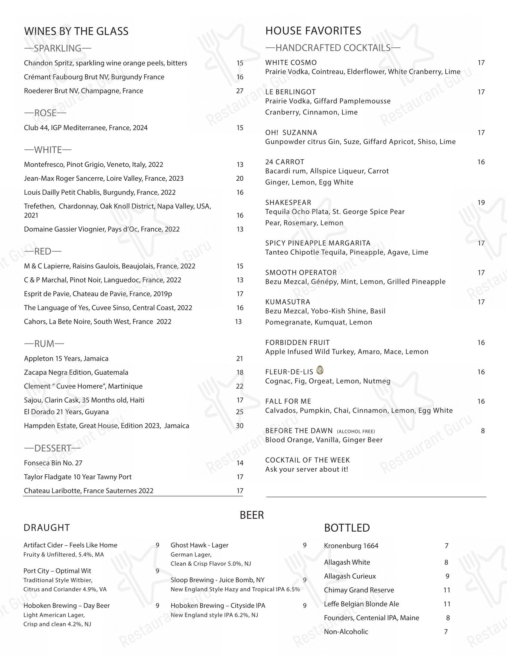 Menu at Faubourg Montclair Restaurant and Bar, Montclair