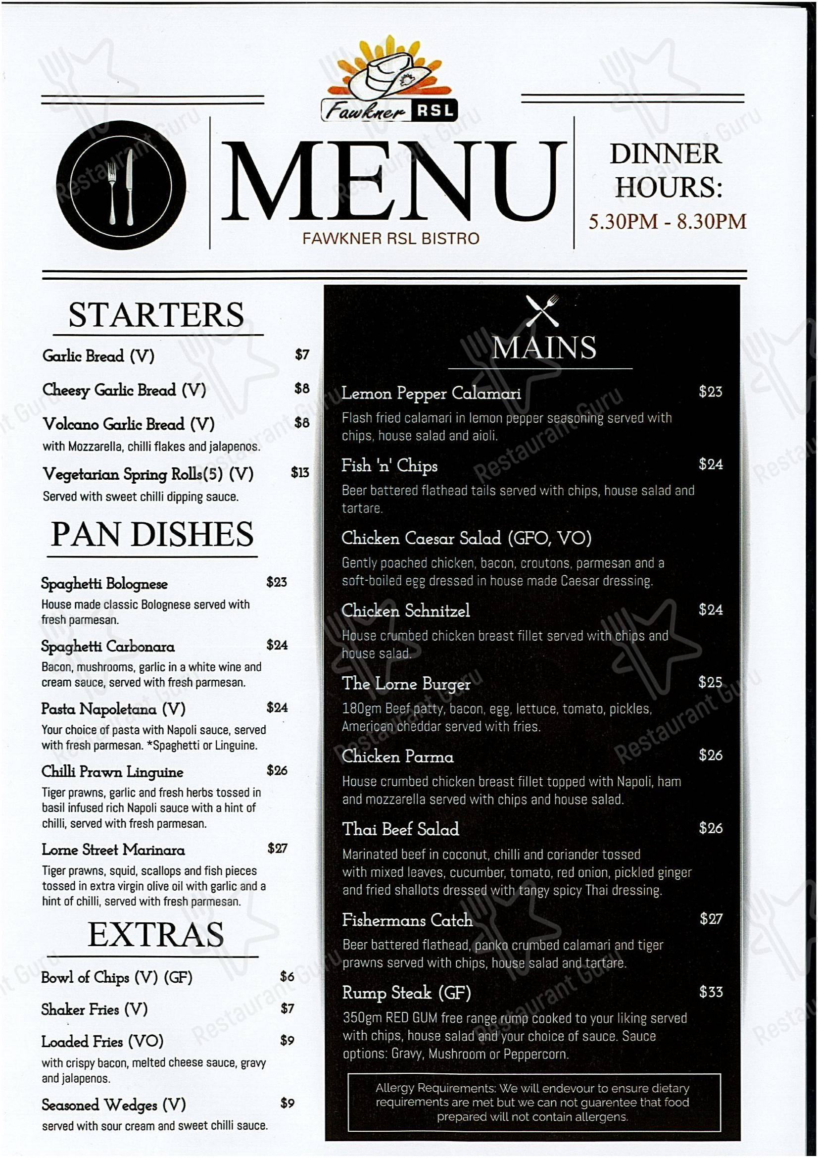 Menu at Fawkner RSL Returned and Services League restaurant, Fawkner