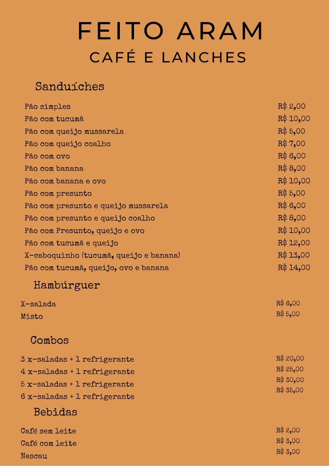 Menu em Feito Aram Café, Manaus