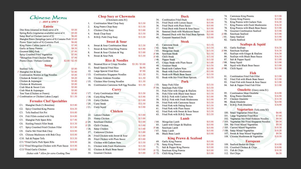Menu at Fernalee restaurant, Christies Beach