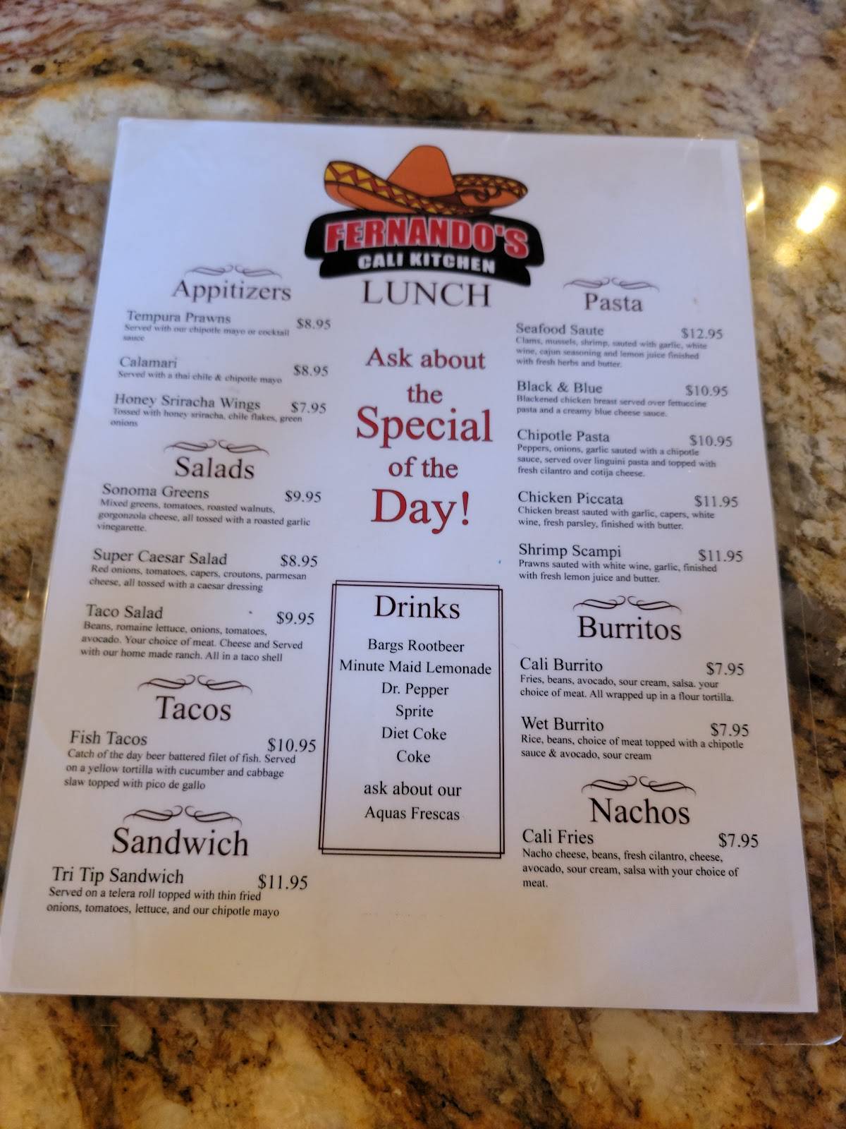 Menu at Fernandos Cali Kitchen restaurant, Yuba City