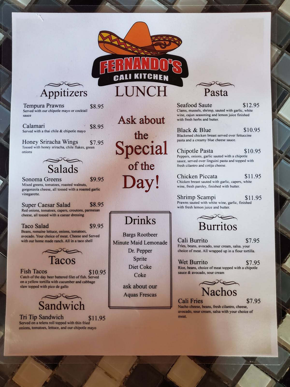Menu at Fernandos Cali Kitchen restaurant, Yuba City