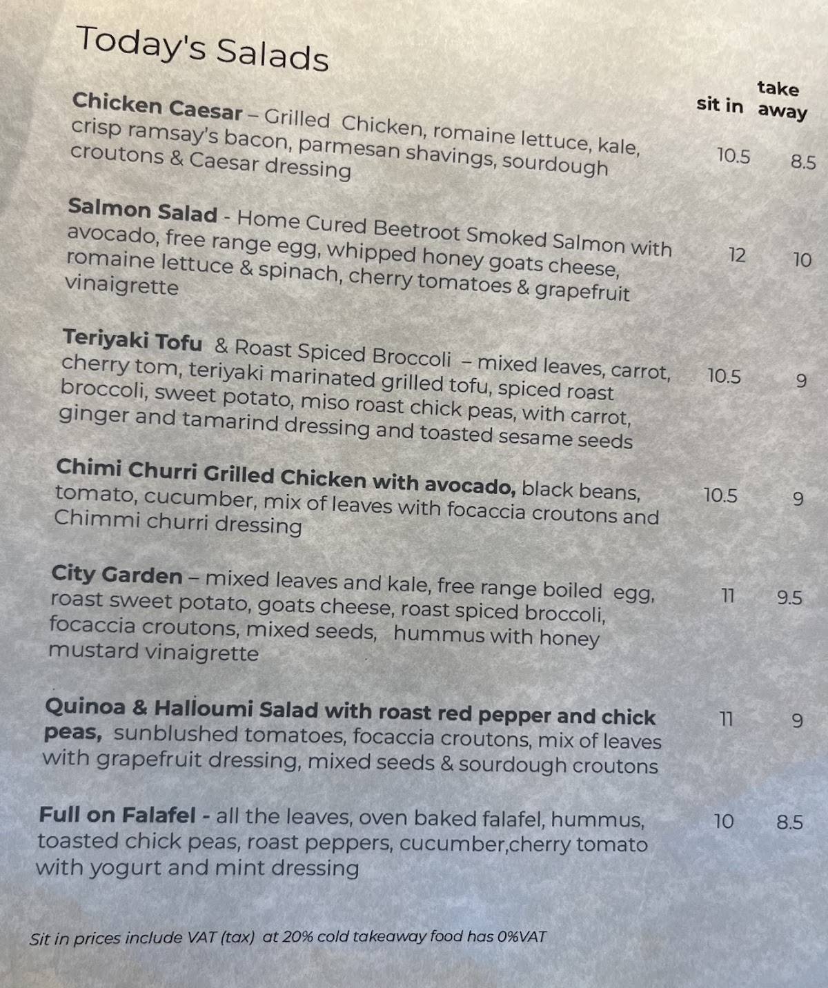 Menu at Fettle cafe, Edinburgh
