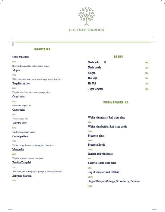 Menu at Fig Tree Garden pub & bar, Hanoi