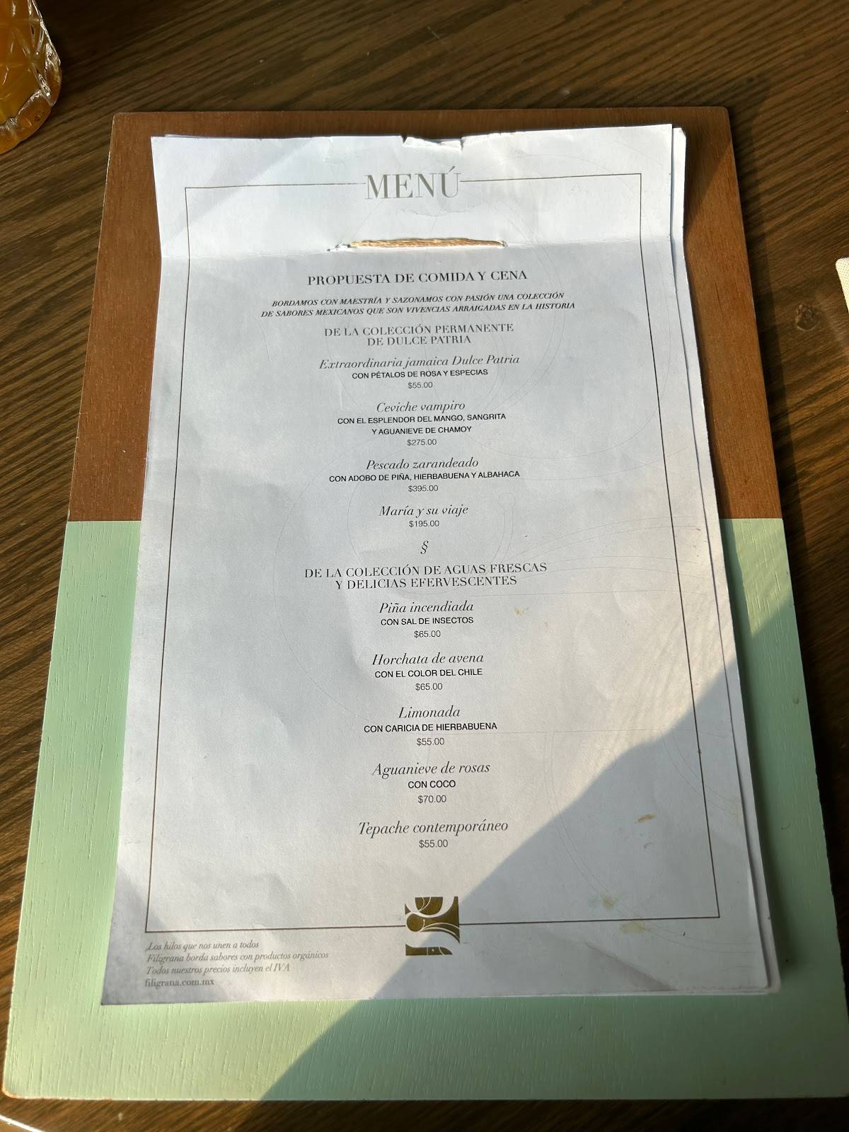 Carta del restaurante Filigrana, Ciudad del México, Av. Veracruz 62