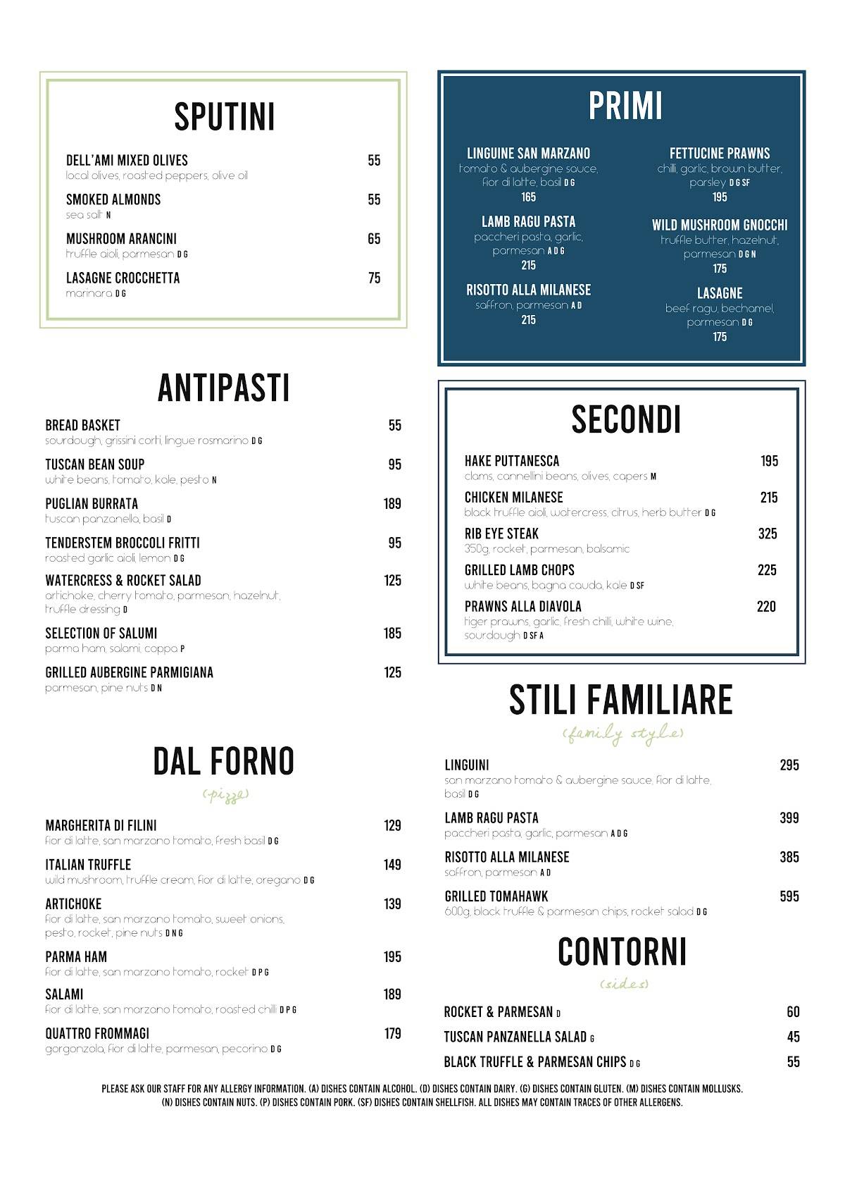 Menu at Filini Restaurant, Cape Town