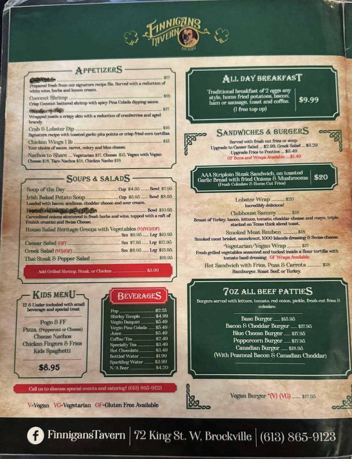 Menu at Finnigan's Tavern pizzeria, Brockville