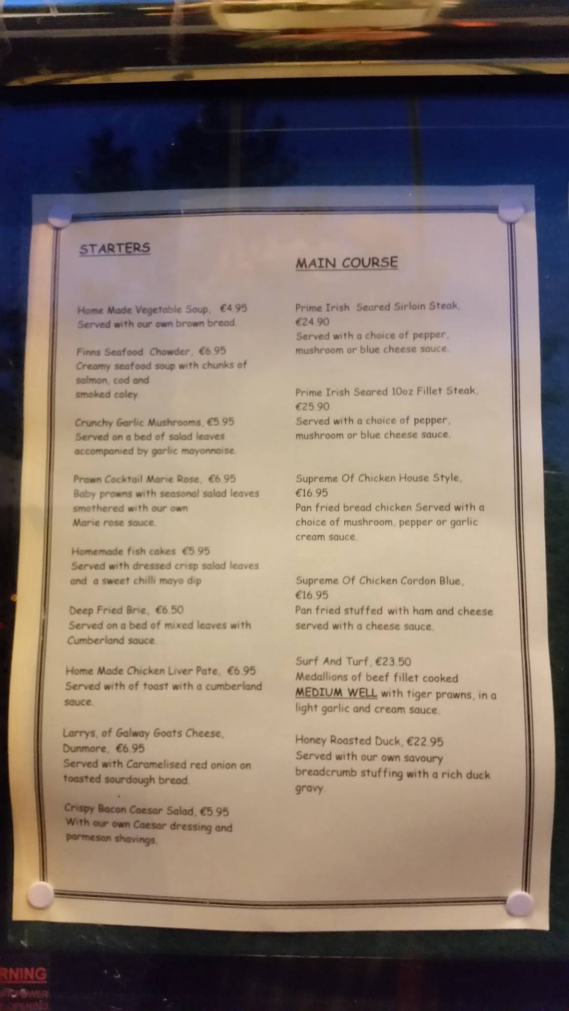 Menu at Finn's Bar & Restaurant, Ireland