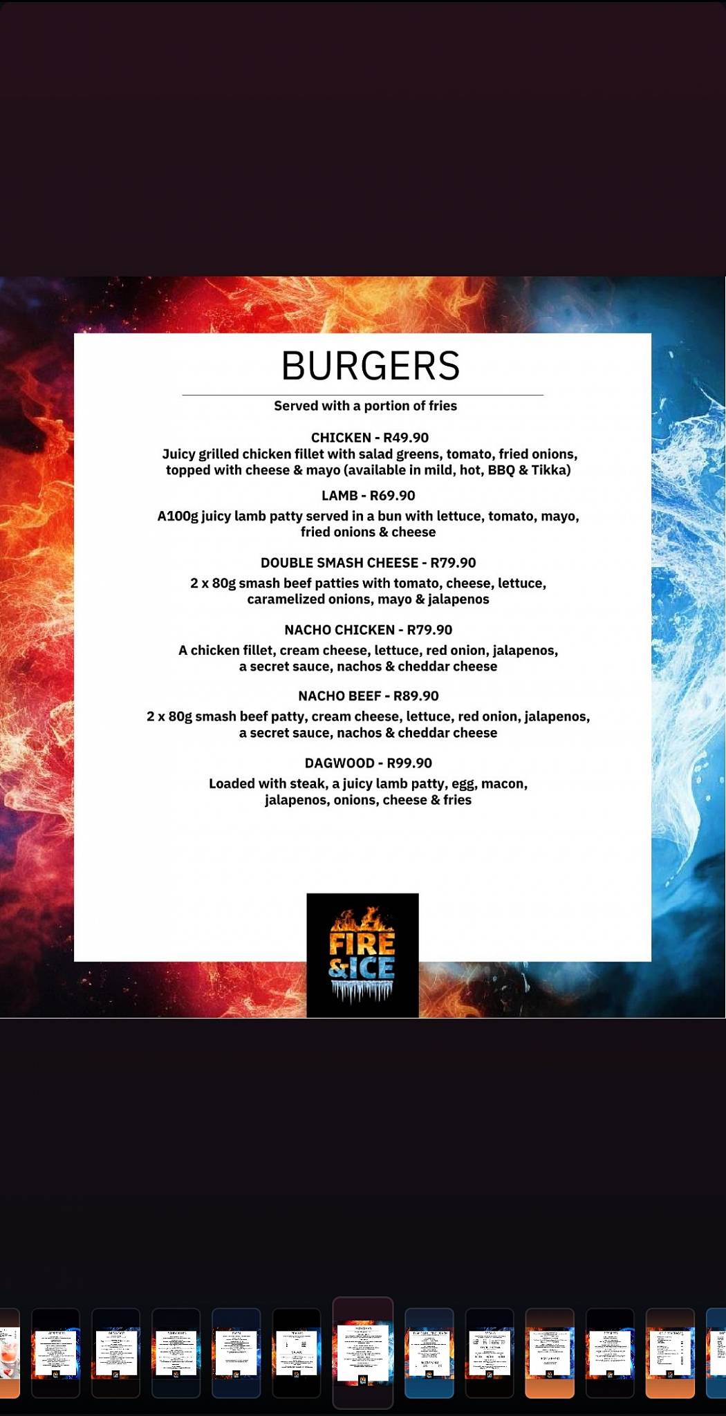 Menu at Fire and Ice Grill restaurant, Durban, 460 Peter Mokaba Ridge