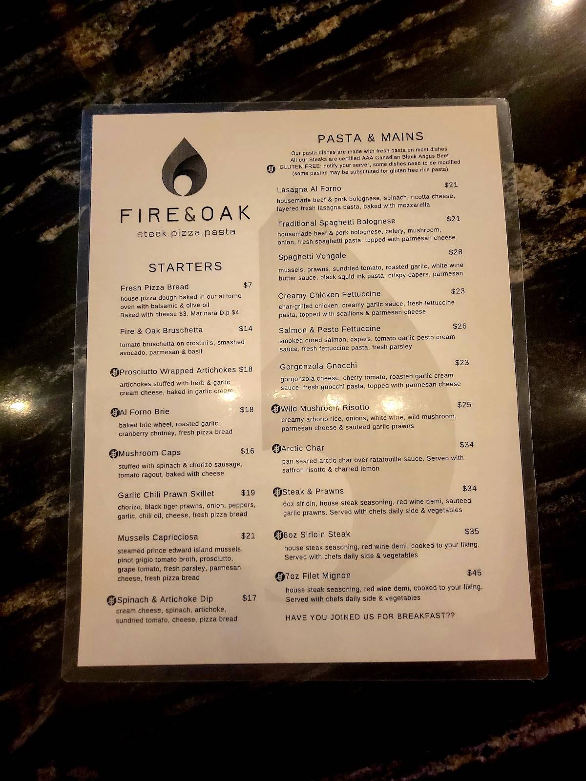 Menu at Fire & Oak pizzeria, Cranbrook