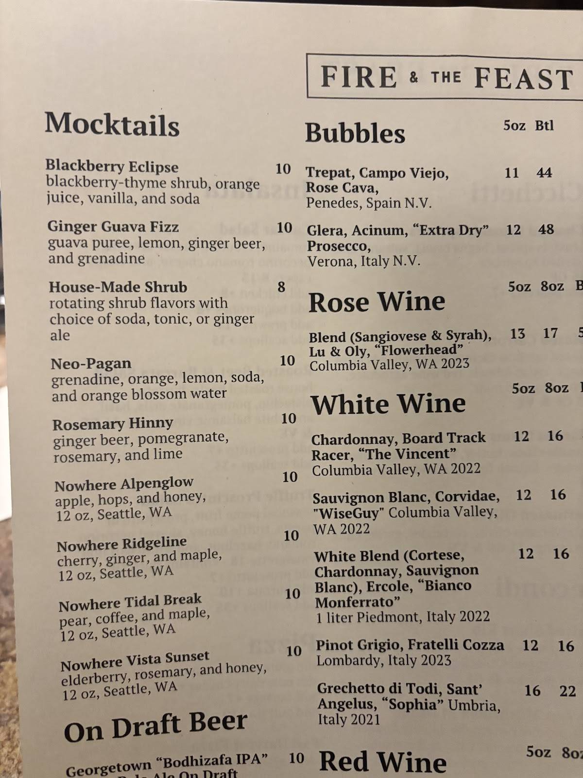 Menu at Fire & the Feast restaurant, Edmonds