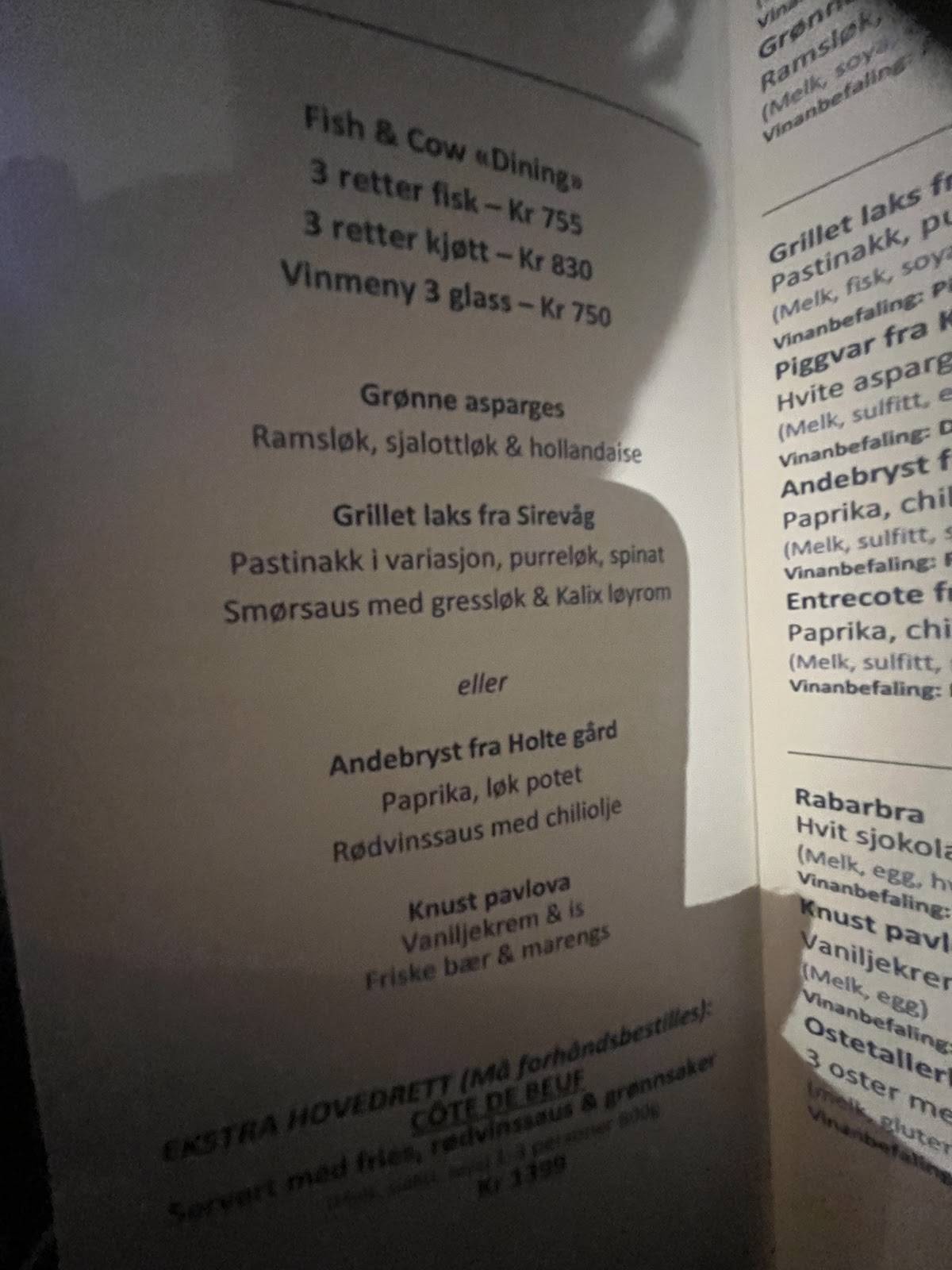 Menu at Fish & Cow restaurant, Stavanger