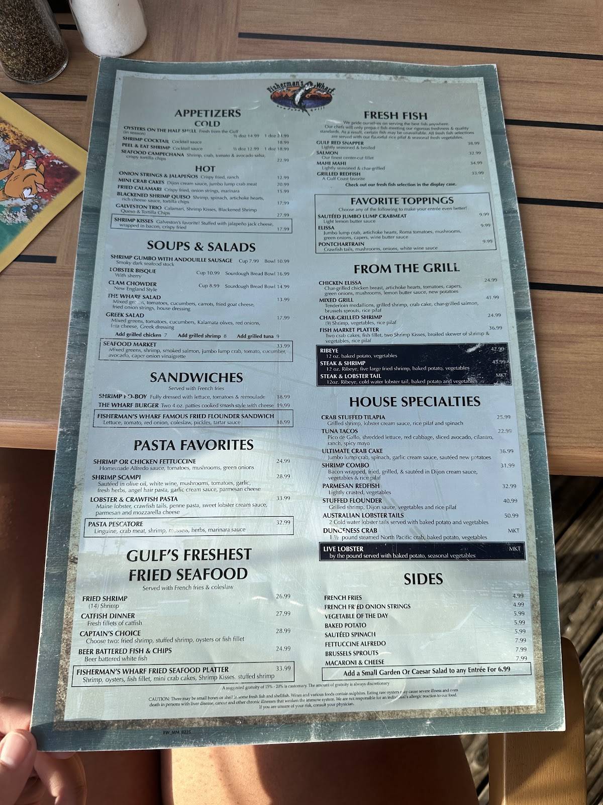 Menu at Fisherman's Wharf restaurant, Galveston, Harborside Dr