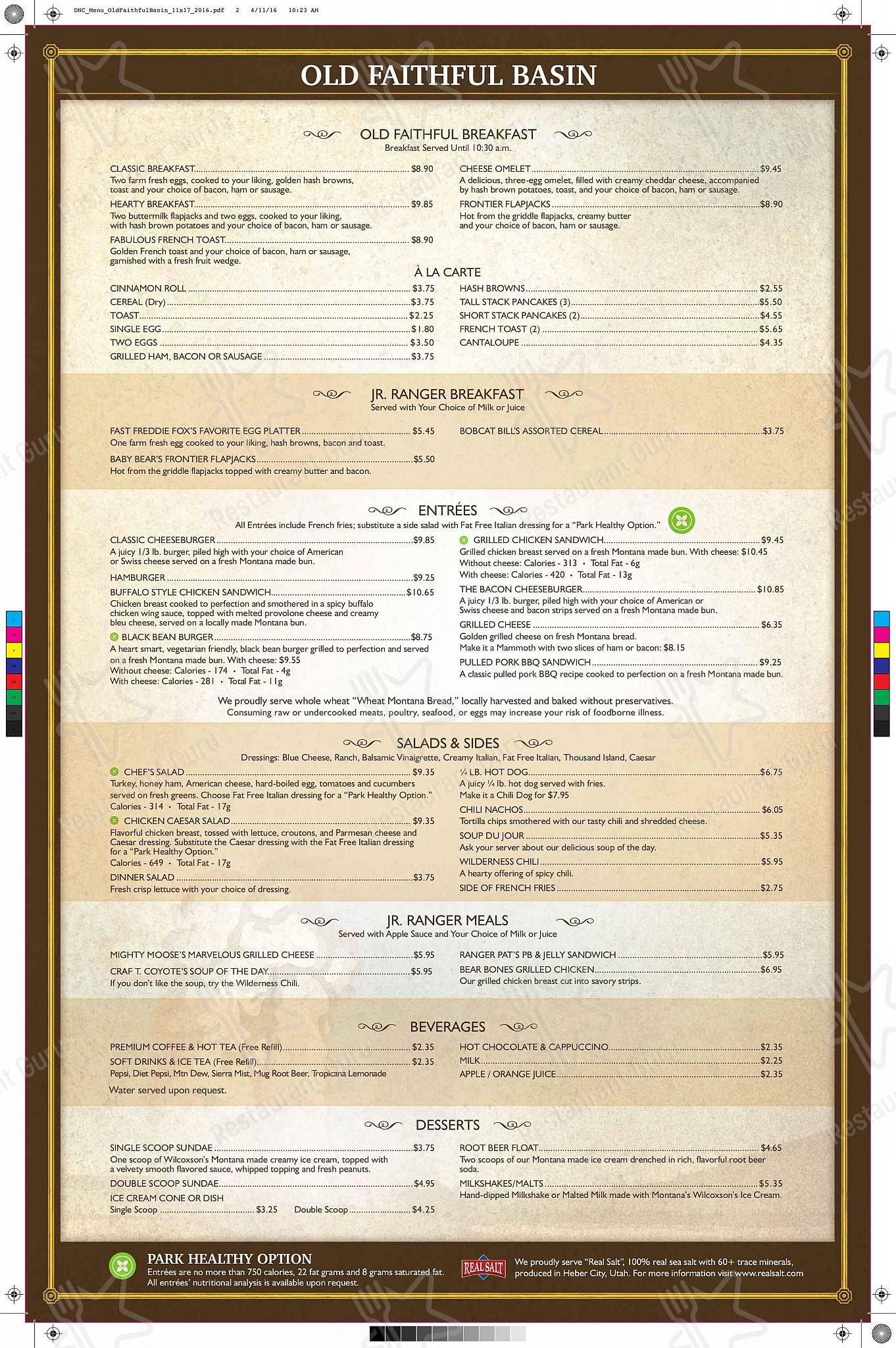 Menu at Fishing Bridge General Store restaurant, USA