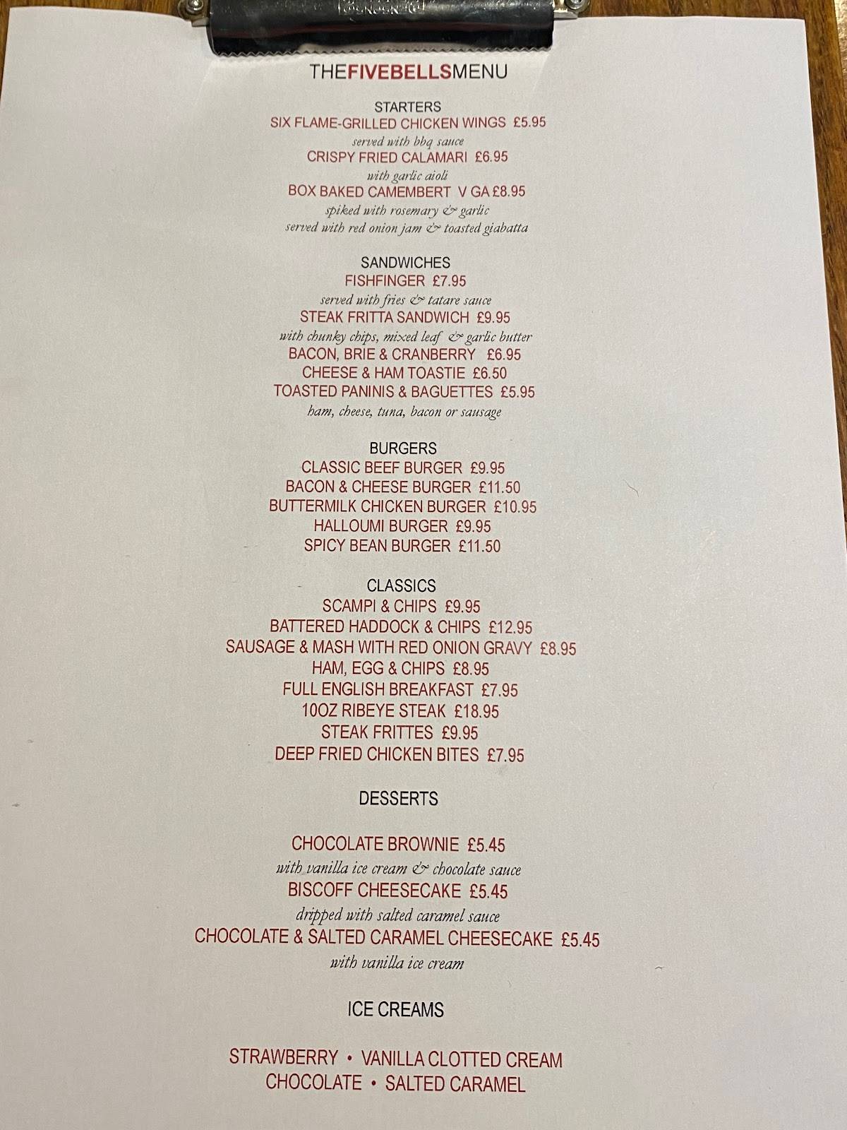 Menu at The Five Bells pub & bar, Earls Colne