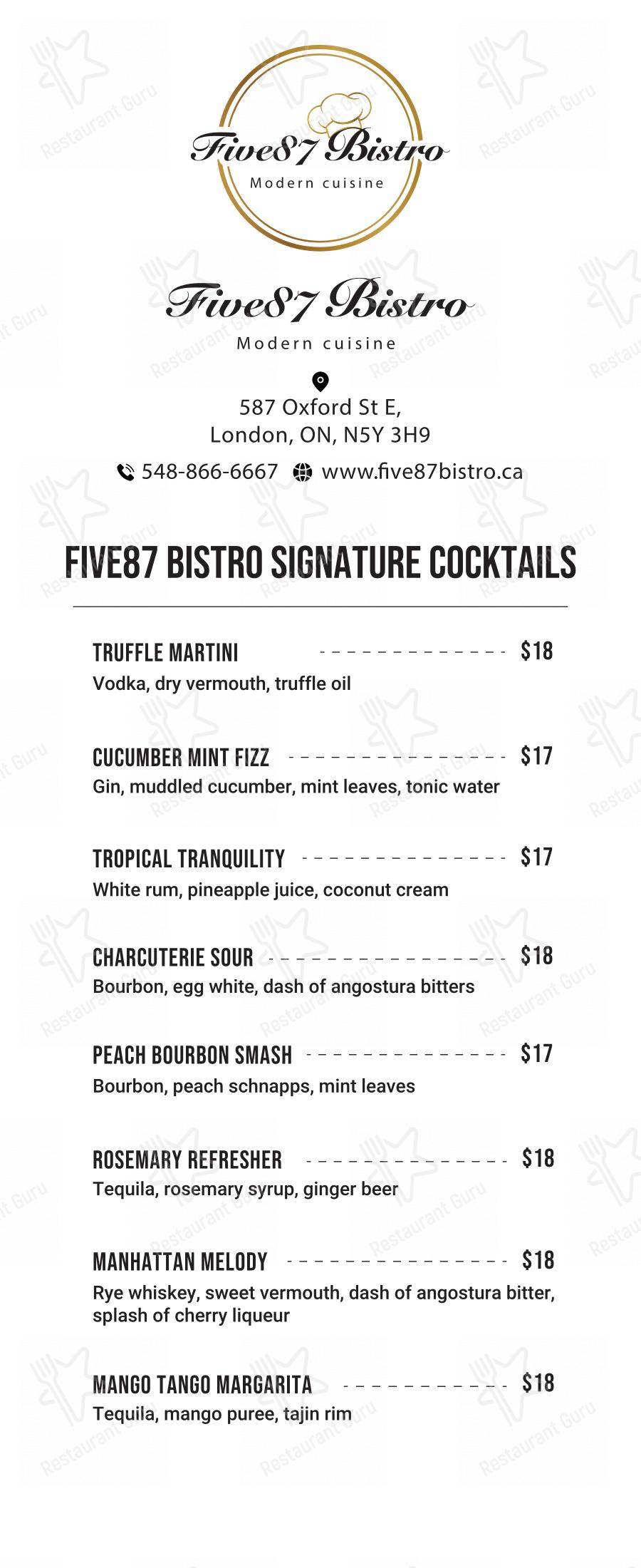 Menu at Five87 Bistro restaurant, London