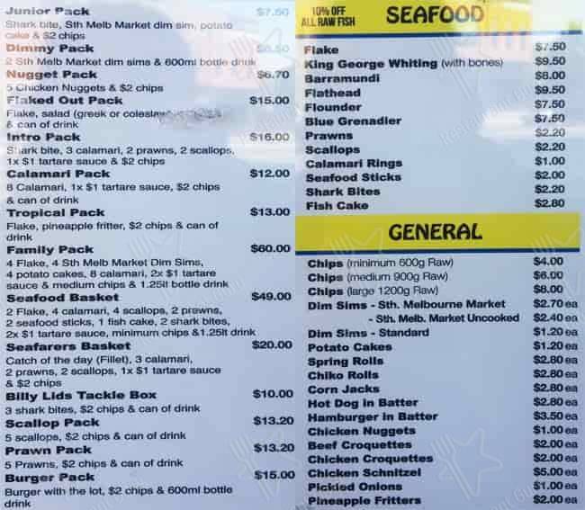 Menu at Flaked Out Fish & Chippery fast food, Bentleigh