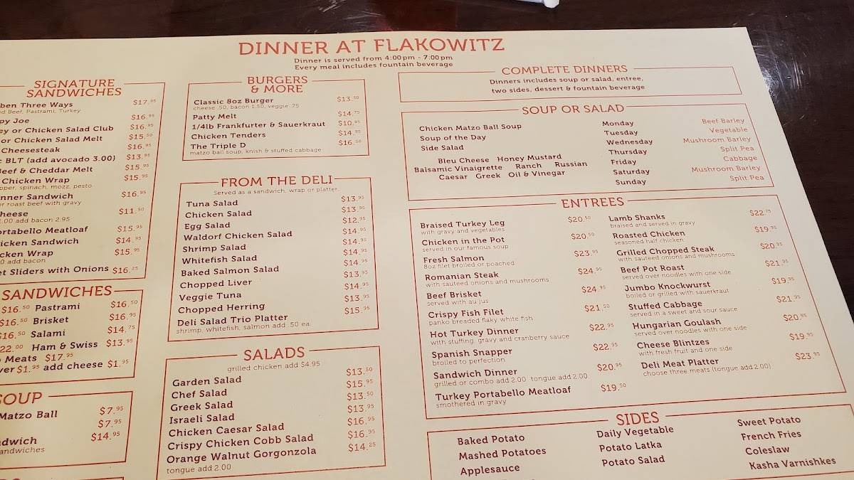Menu at Flakowitz of Boynton restaurant, Delray Beach