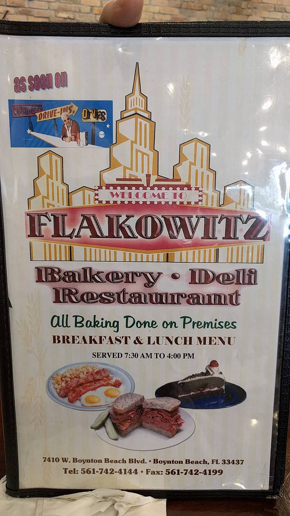 Menu at Flakowitz of Boynton restaurant, Delray Beach