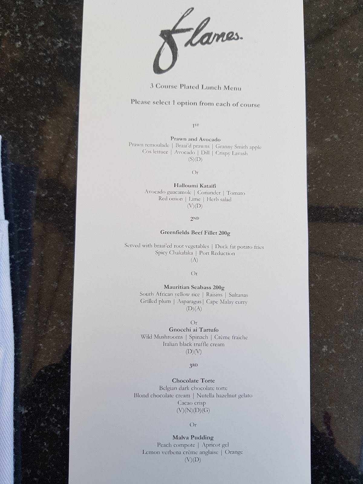 Menu at Flames restaurant, Johannesburg