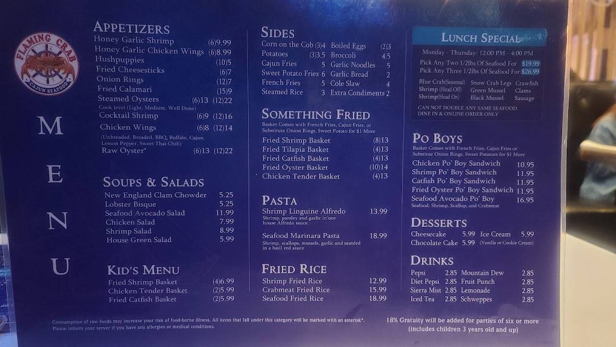 Menu at Flaming Crab Wilkes-Barre, Wilkes-Barre Township