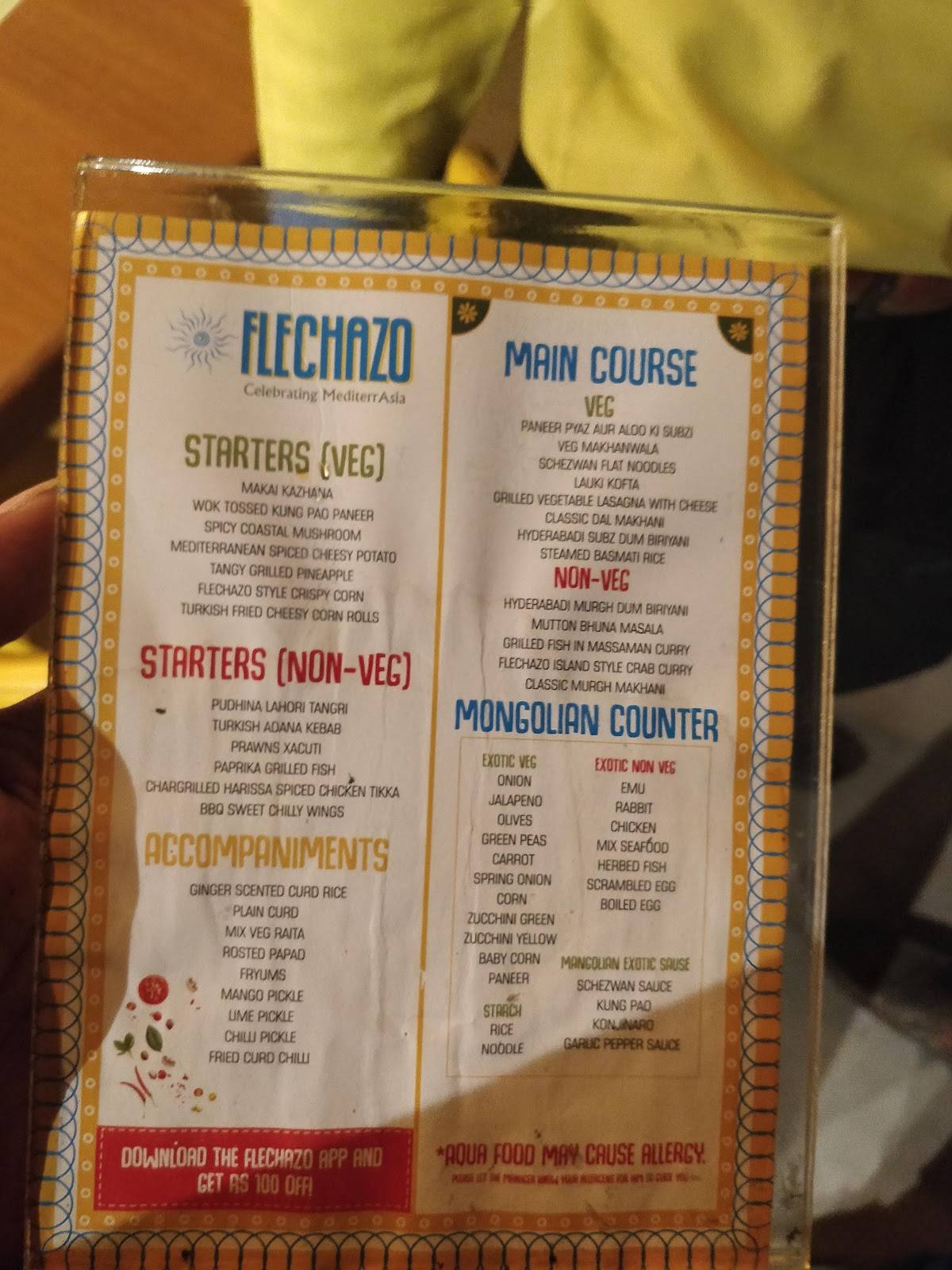 Menu at Flechazo Gachibowli, Hyderabad, Gachibowli Flyover
