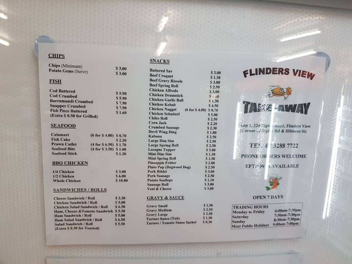 Menu at Flinders View Takeaway fast food, Flinders View, 3/1 Hibiscus St