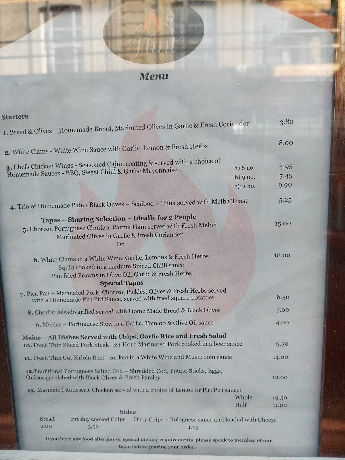 Menu at Flint restaurant, Lowestoft