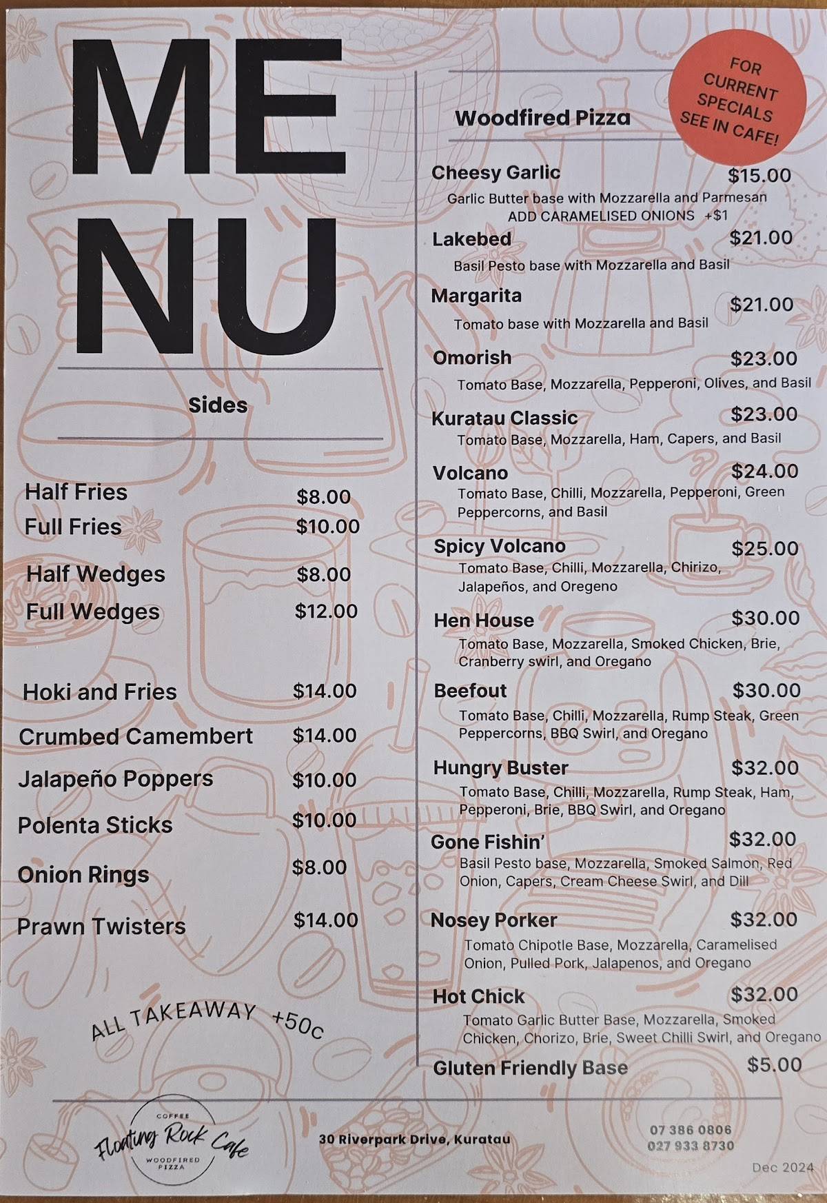 Menu at Floating Rock Cafe, Kuratau, 30 Riverpark Dr