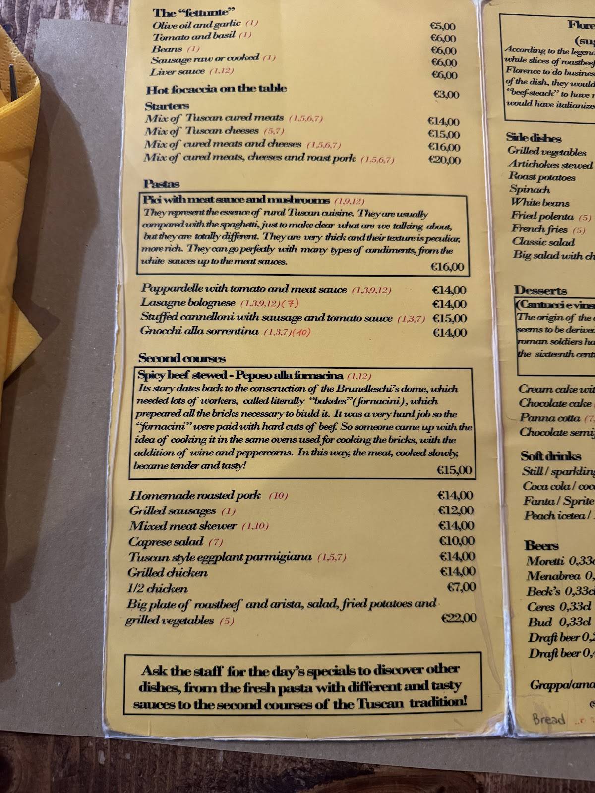 Menu at La Fettunta restaurant, Florence