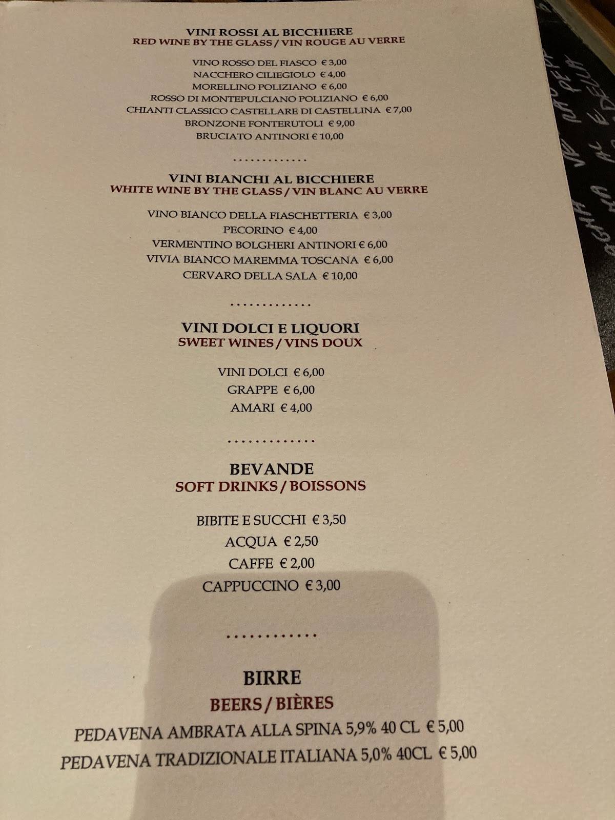 Menu at Osteria Santo Spirito restaurant, Florence, Piazza Santo Spirito